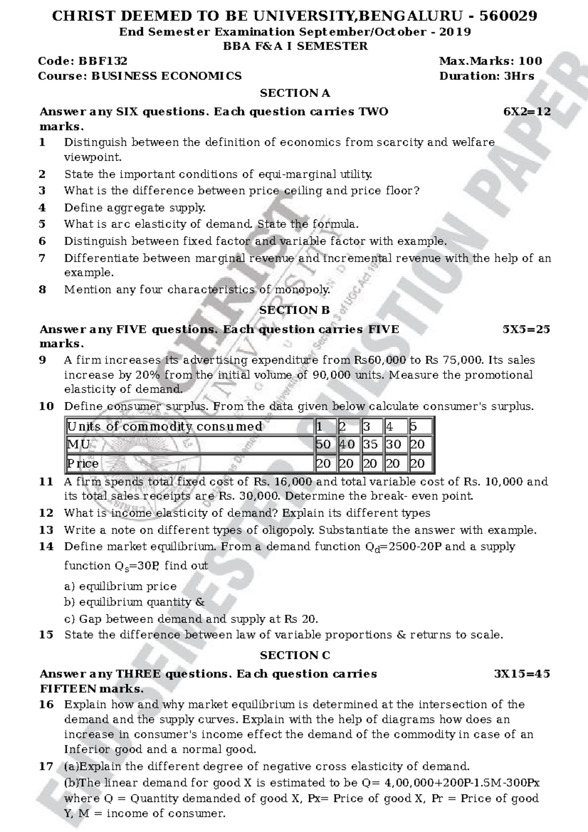 BECO ESE 2019 - this is question paper of 2019 semester 1 for business ...