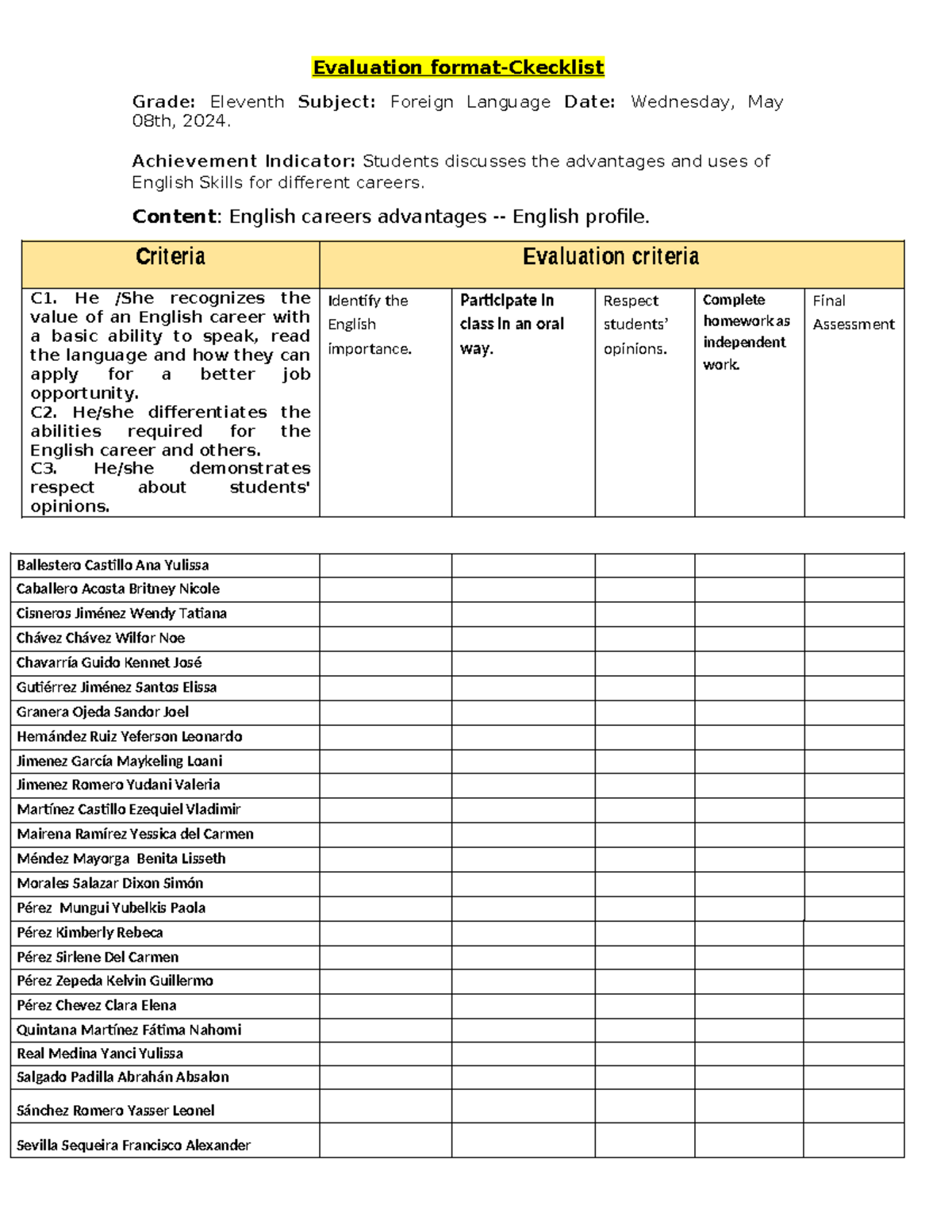 English evaluation checklist 1 - Evaluation format-Ckecklist Grade ...