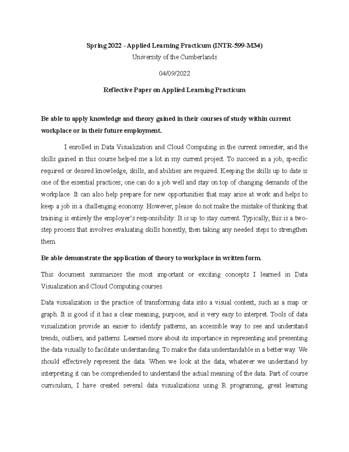 Applied Learning Practicum Reflection - Spring 2022 - Applied Learning ...