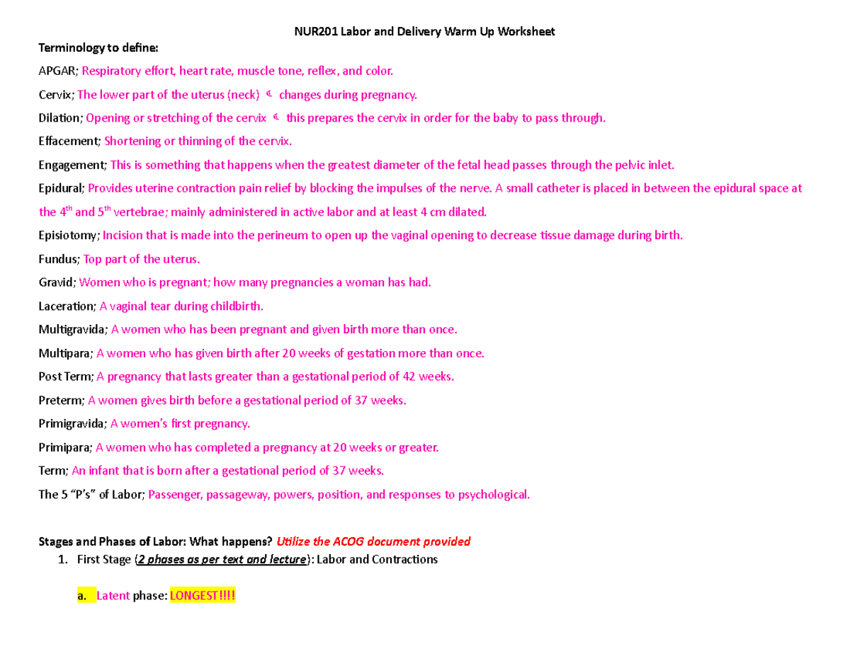 Labor and Delivery Worksheet S2021 - NUR201 Labor and Delivery Warm Up ...