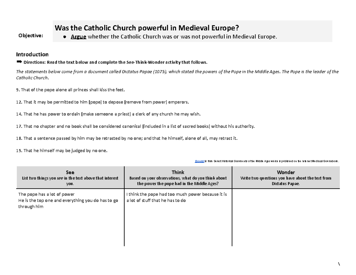 Copy of Was the Catholic Church powerful in Medieval Europe - Objective ...