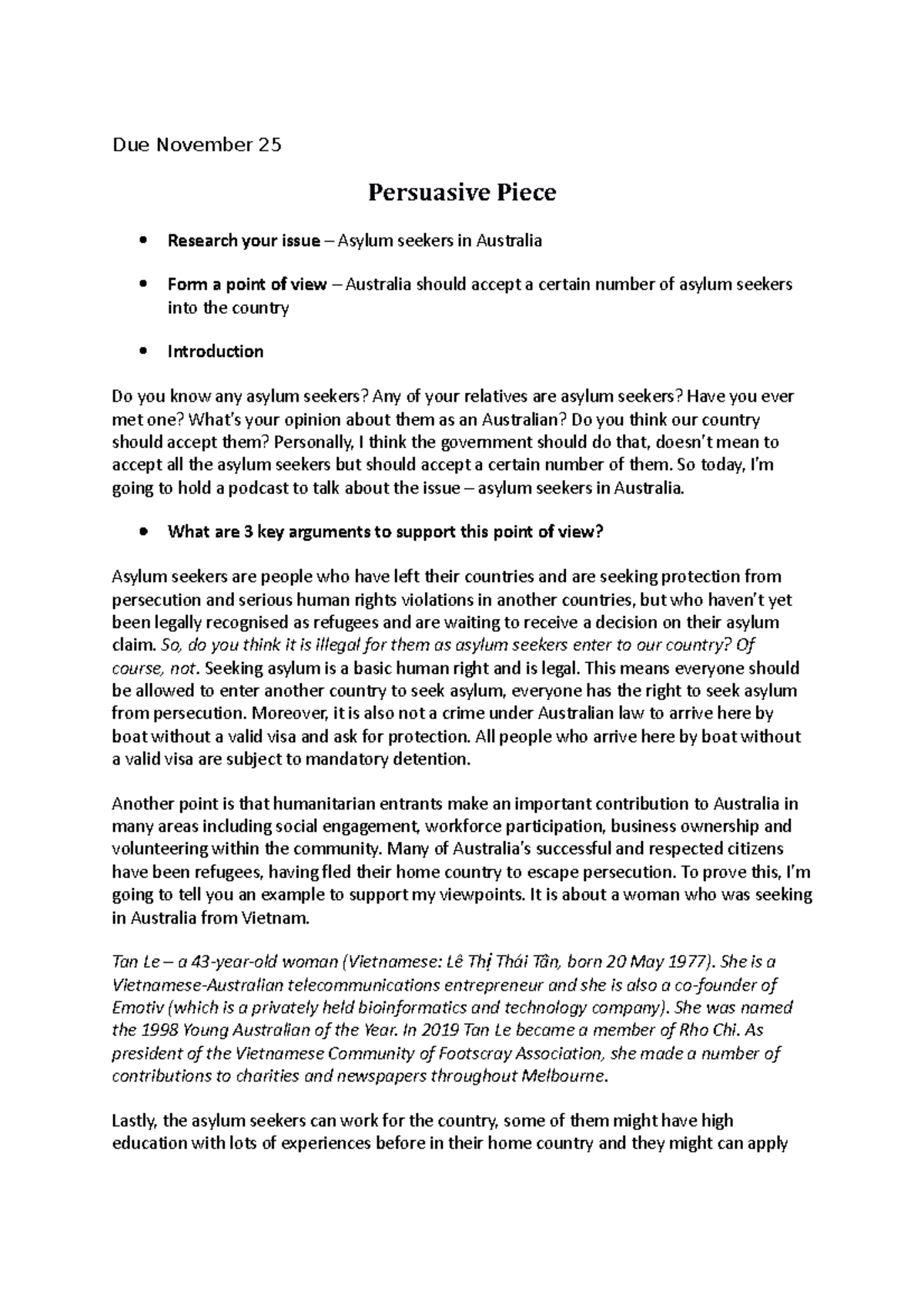 Summative Task 3 - Persuasive Piece - Due November 25 Persuasive Piece ...