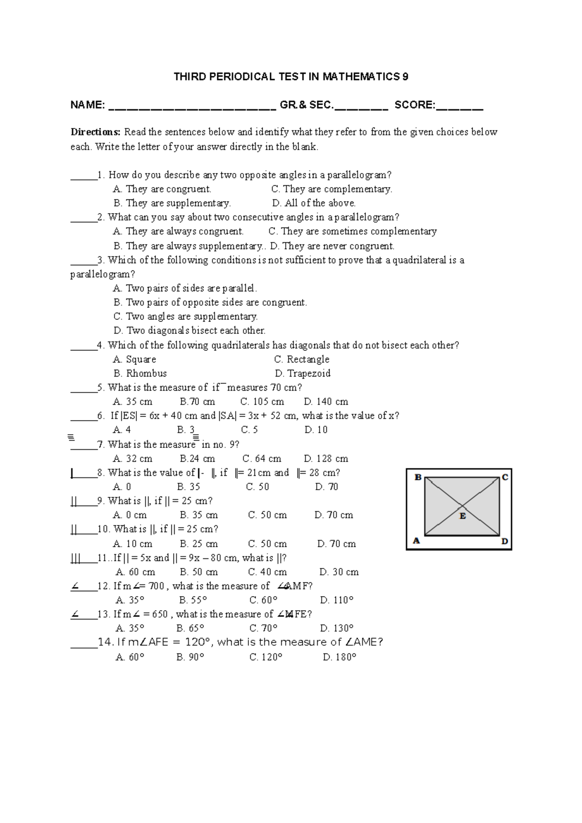 PT G9 MATH - sample periodcal test - THIRD PERIODICAL TEST IN ...