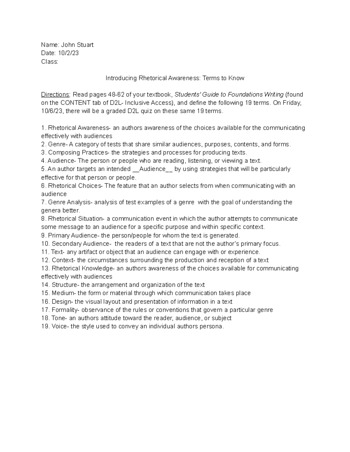 10-2-23 Introducing Rhetorical Awareness 60 - Name: John Stuart Date ...
