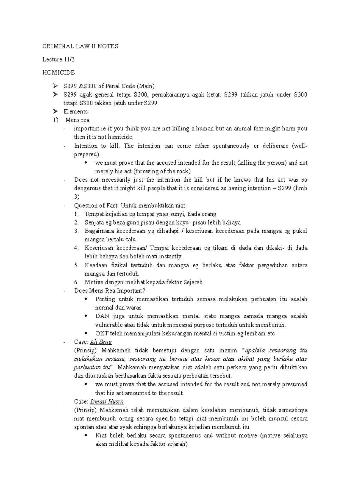 Criminal LAW II Notes - CRIMINAL LAW II NOTES Lecture 11/ HOMICIDE S299 ...
