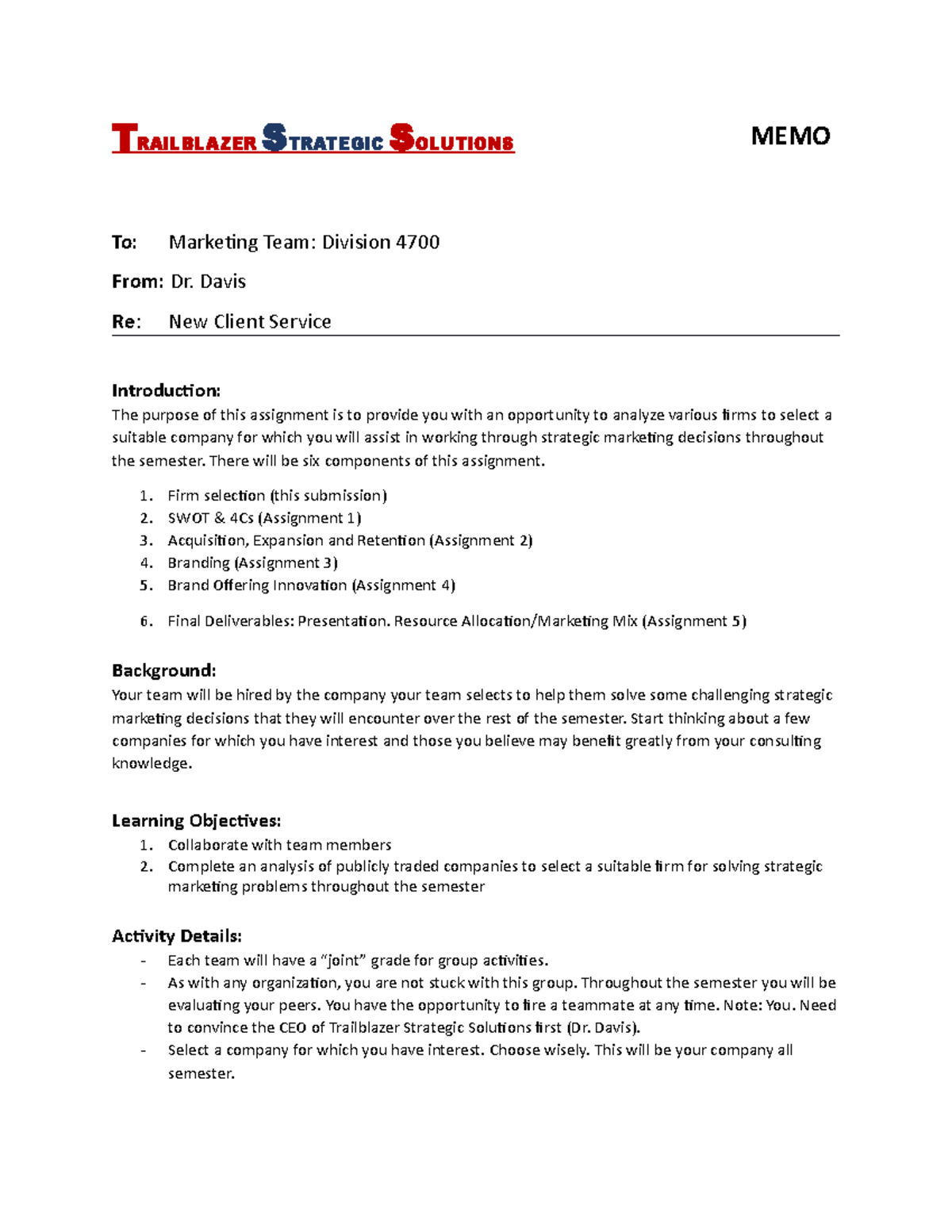 Memo 1. New Client Service - Company Selection-1 - TRAILBLAZER ...