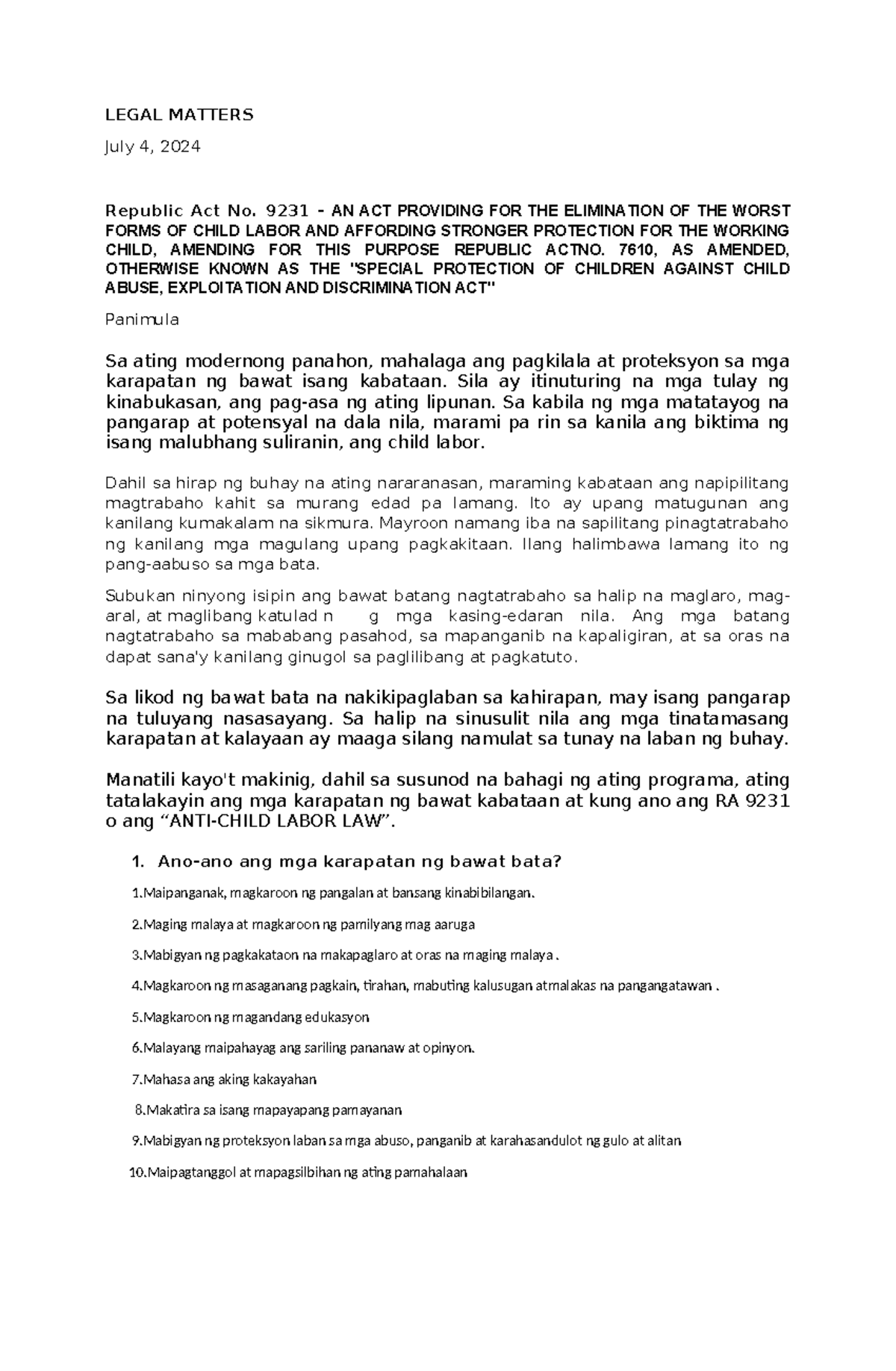 Radyo Kapitolyo (Child Labor) - LEGAL MATTERS July 4, 2024 Republic Act ...