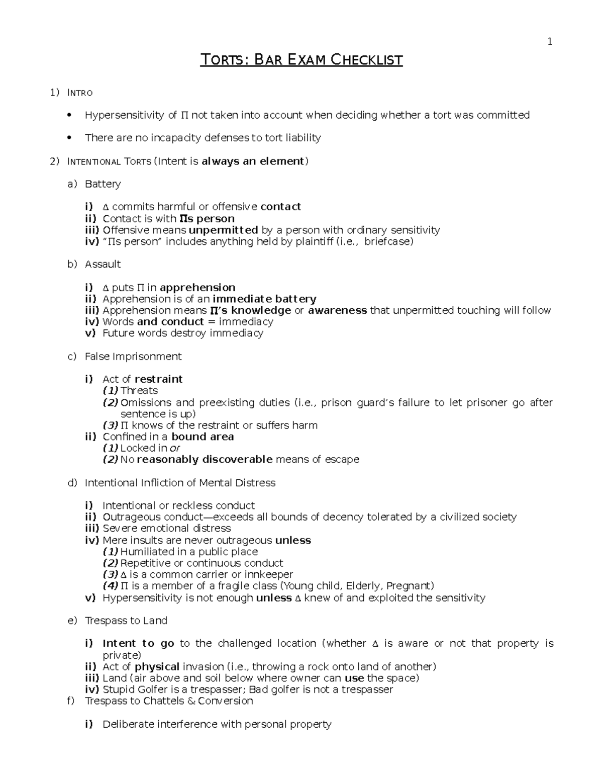 Torts bar - T ORTS: BAR EXAM CHECKLIST 1) INTRO Hypersensitivity of not ...