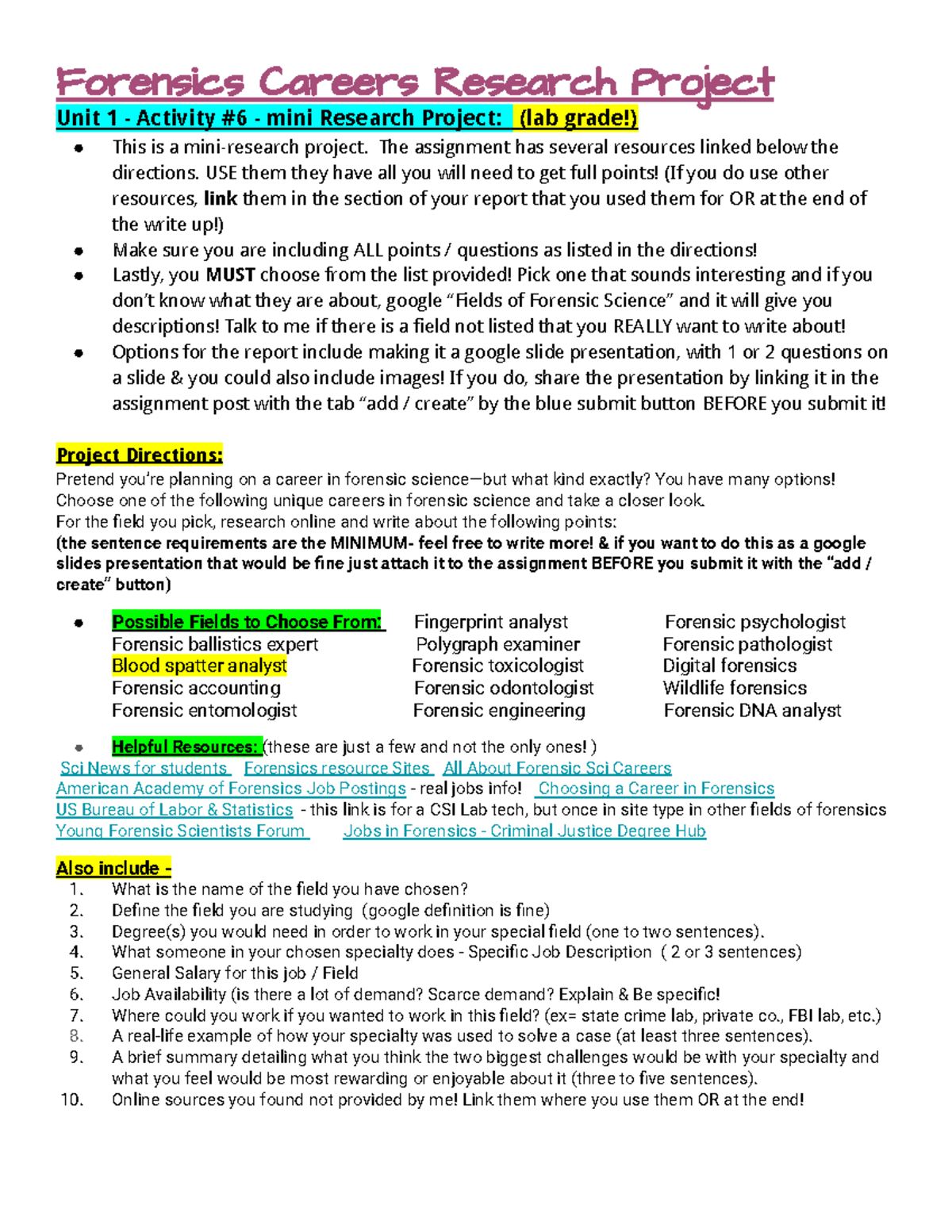 Unit 1 - Activity #6 - Forensics Careers Research Project (lab Grade ...
