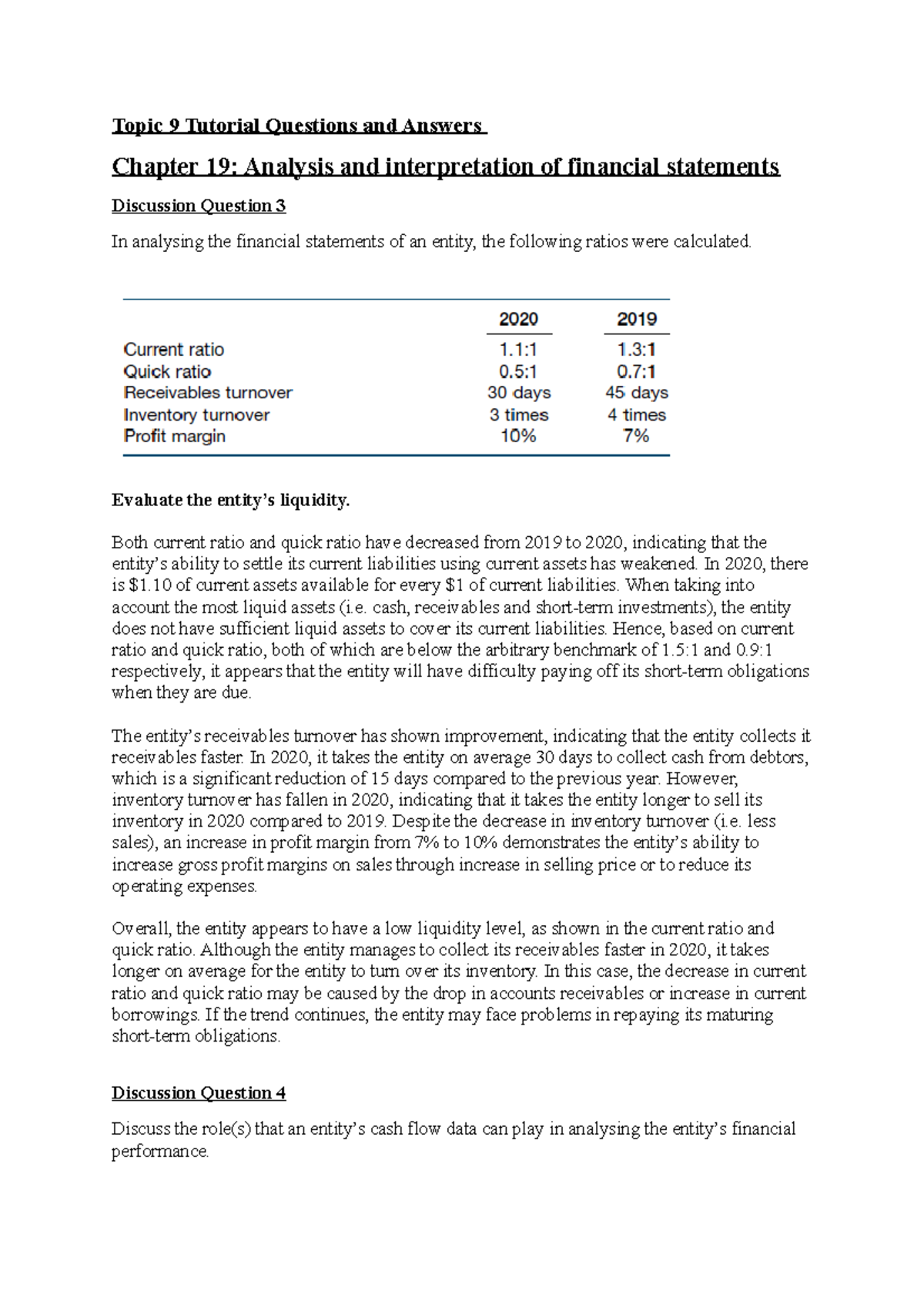 Topic 9 Tutorial - Topic 9 Tutorial Questions and Answers Chapter 19: Analysis and ...