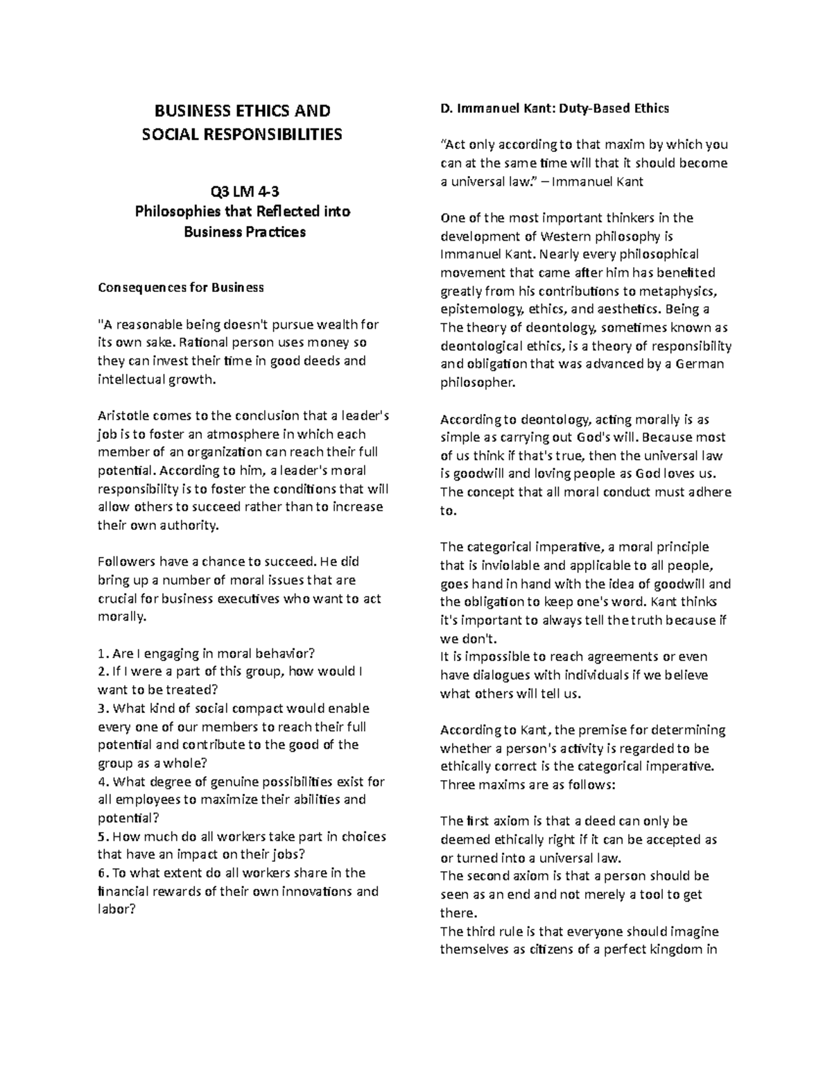 Business Ethics Q3 LM 4-3 - BUSINESS ETHICS AND SOCIAL RESPONSIBILITIES ...
