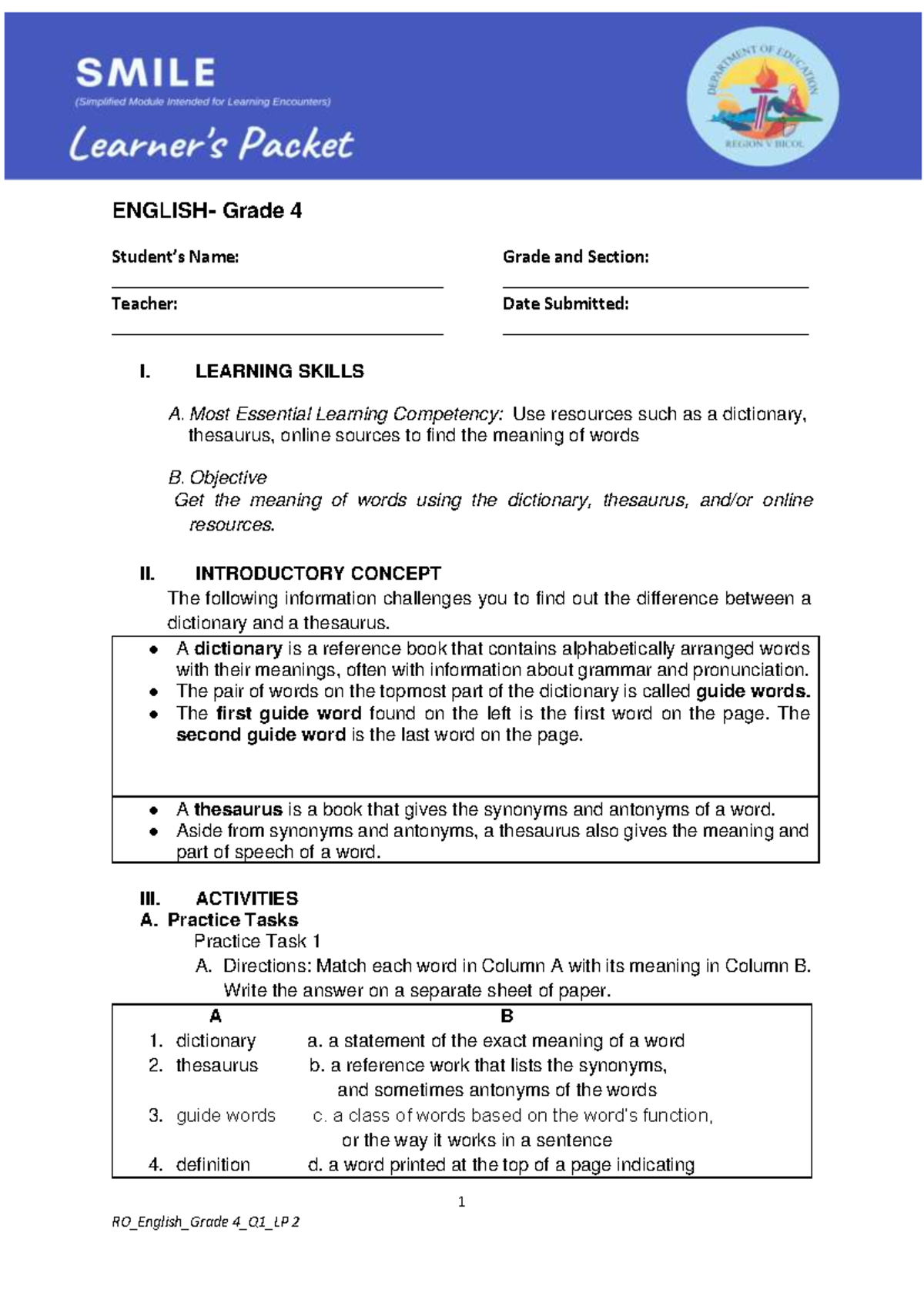 Uploads Edited- Smile-Packet-English 4-Q1-LP-2 - 1 ENGLISH- Grade 4 ...