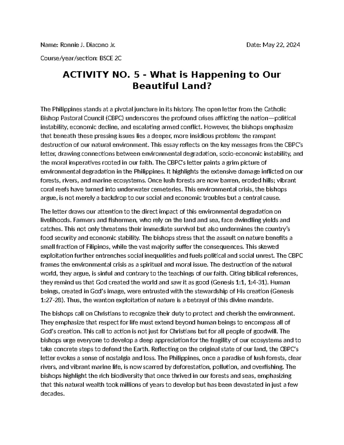 Name4 - asd - Name: Ronnie J. Diacono Jr. Date: May 22, 2024 Course ...