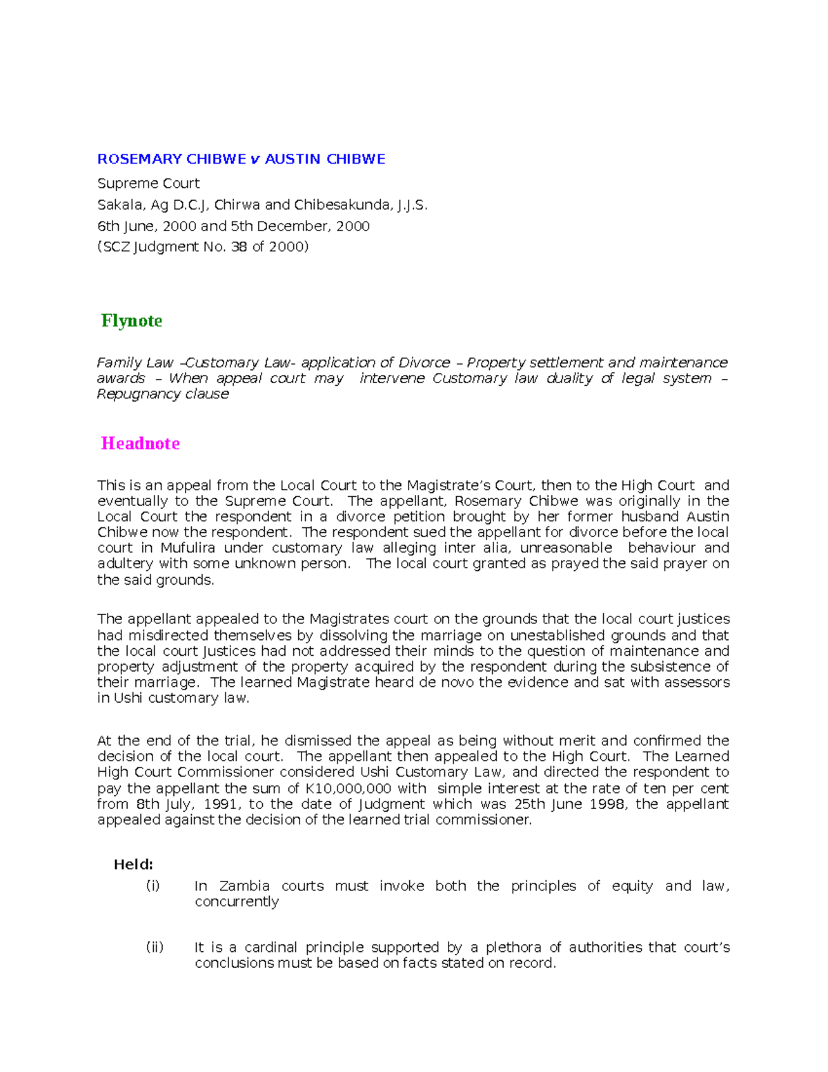 Chibwe v Chibwe (SCZ 38 of 2000 ) 2000 ZMSC 59 (4 December 2000 ...