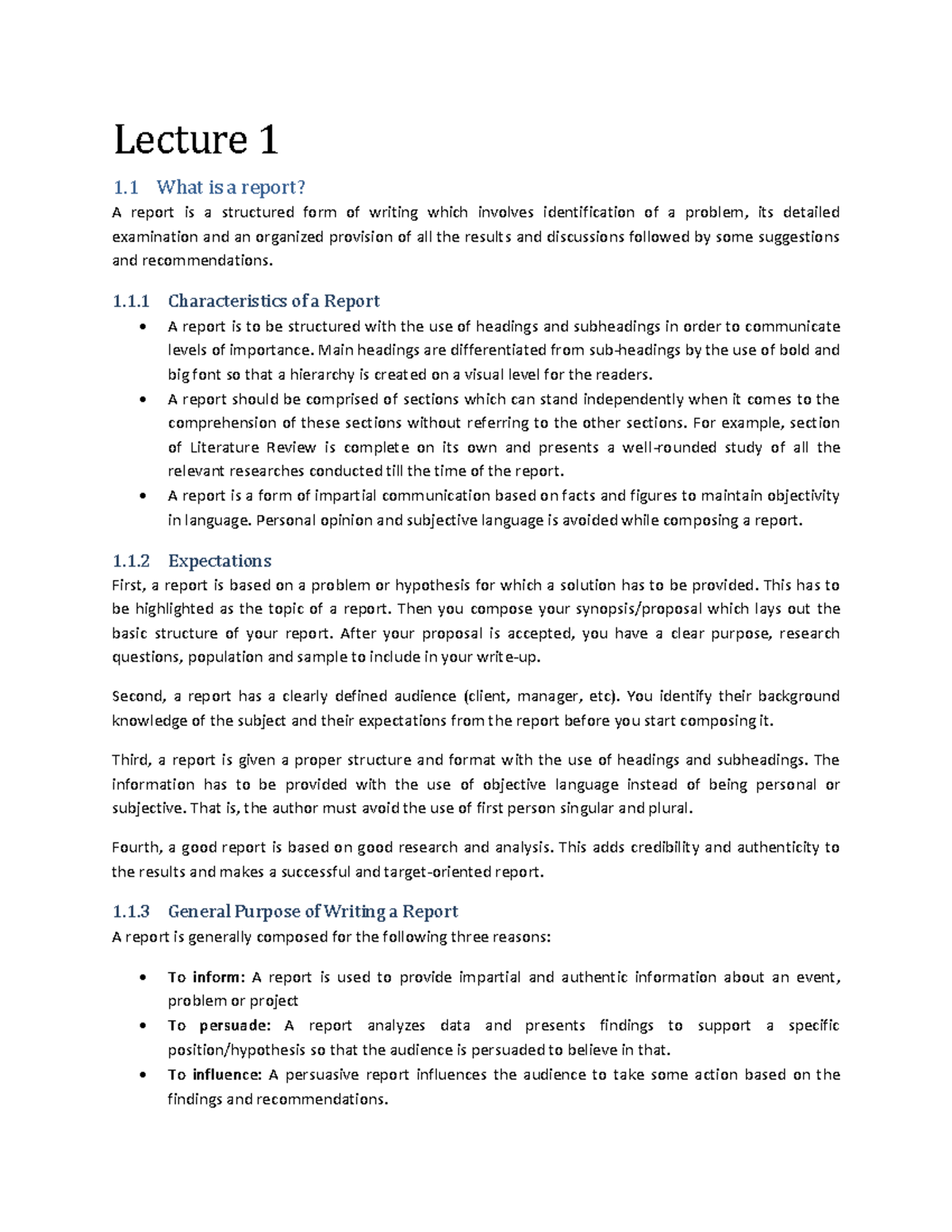 HUM102 Handouts Lecture 01 - Lecture 1 1 What is a report? A report is ...