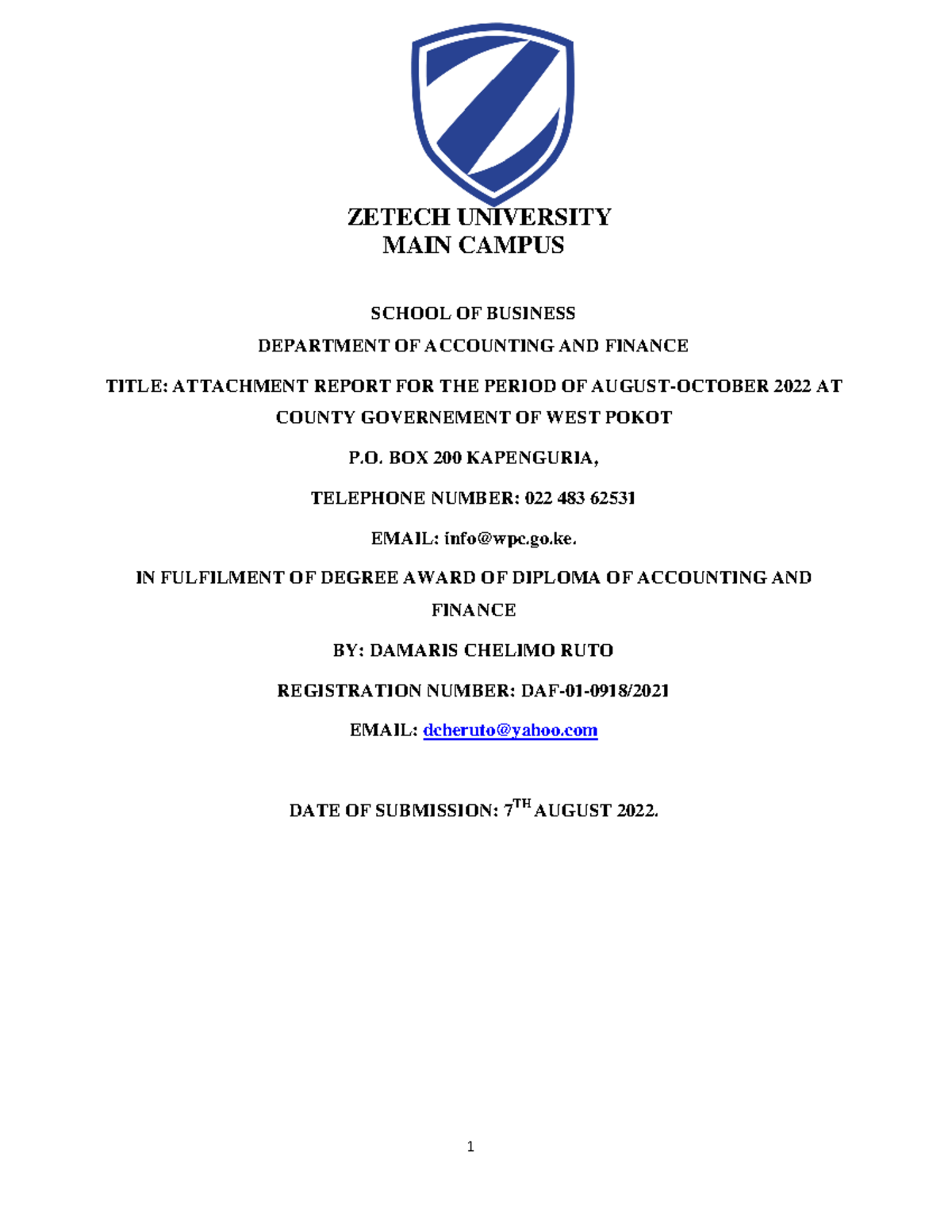 Attachment report - ZETECH UNIVERSITY MAIN CAMPUS SCHOOL OF BUSINESS ...