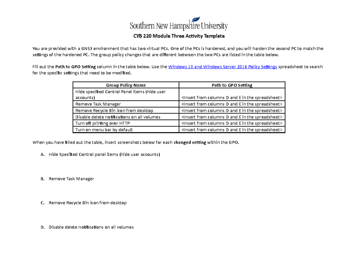CYB 220 Module Three Activity Template - IT226 - SNHU - Studocu