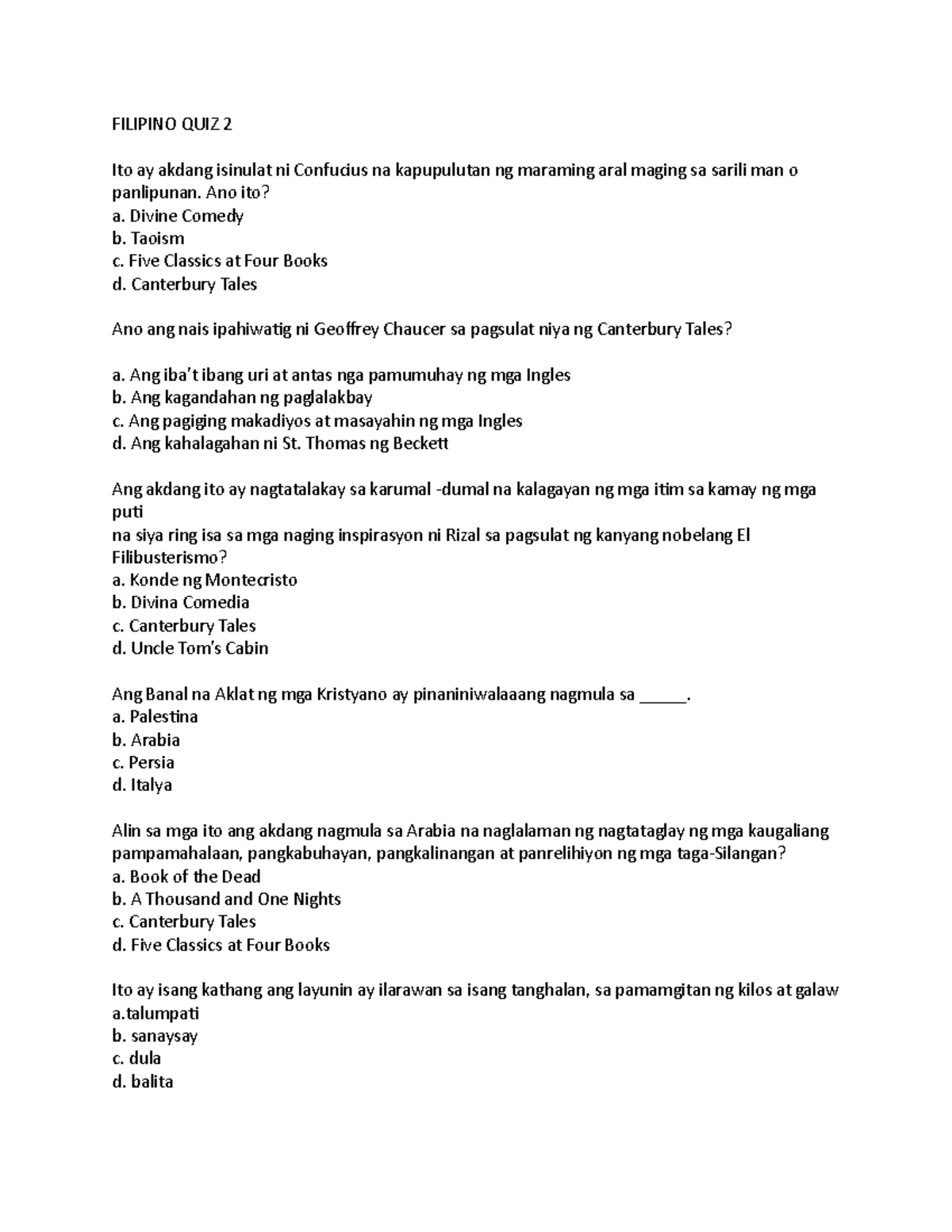 Filipino QUIZ 2 - QUIZ - FILIPINO QUIZ 2 Ito ay akdang isinulat ni ...