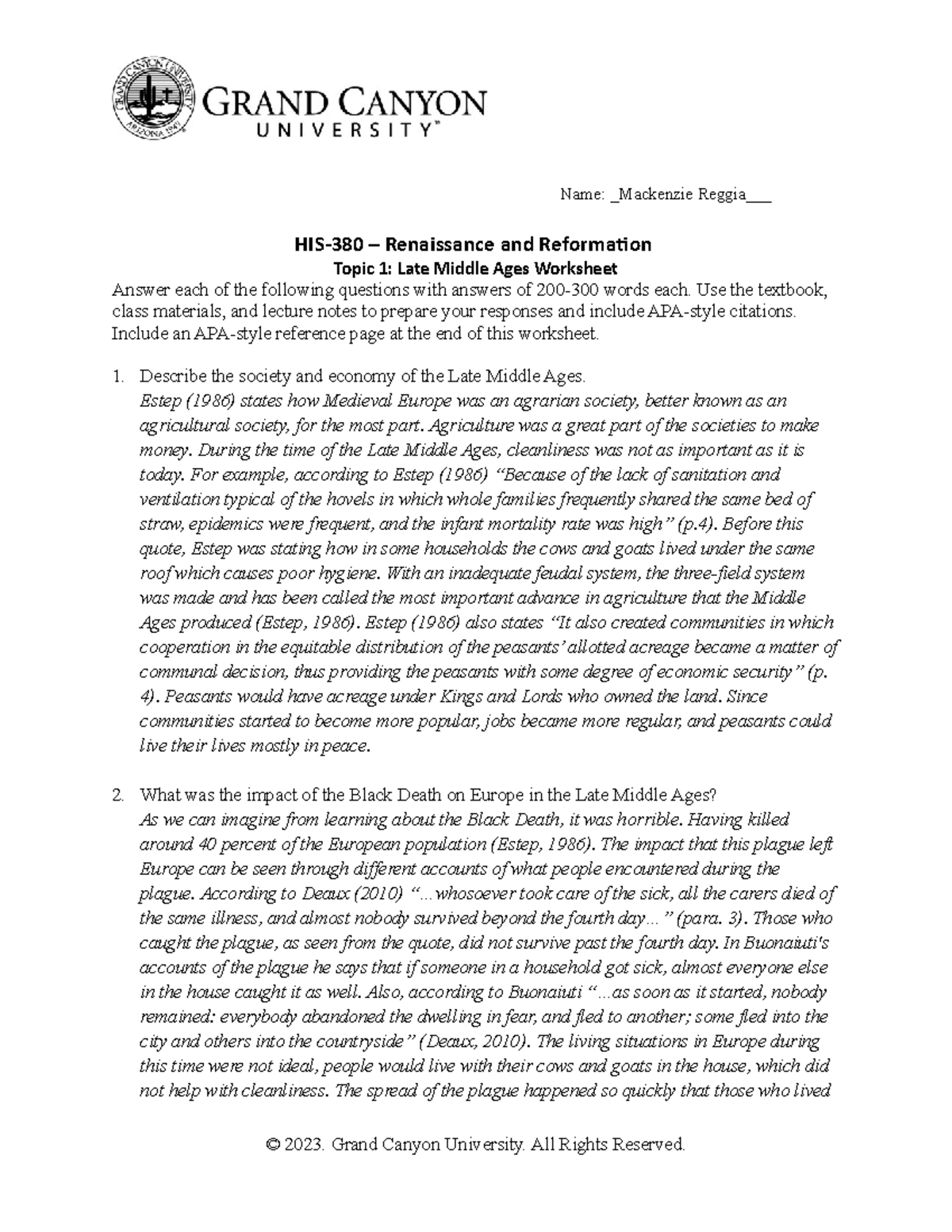 T1-Late Middle Ages Worksheet - Name: Mackenzie Reggia__ HIS-380 ...