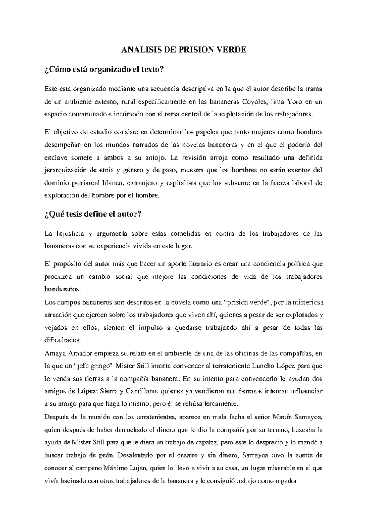 Analisis Prision Verde - ANALISIS DE PRISION VERDE está organizado el ...