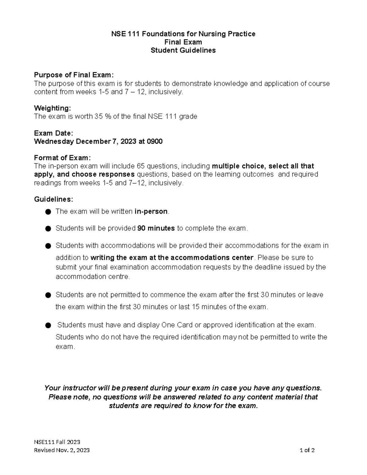 NSE111 Final Exam Guidelines 2023 - NSE 111 Foundations for Nursing ...