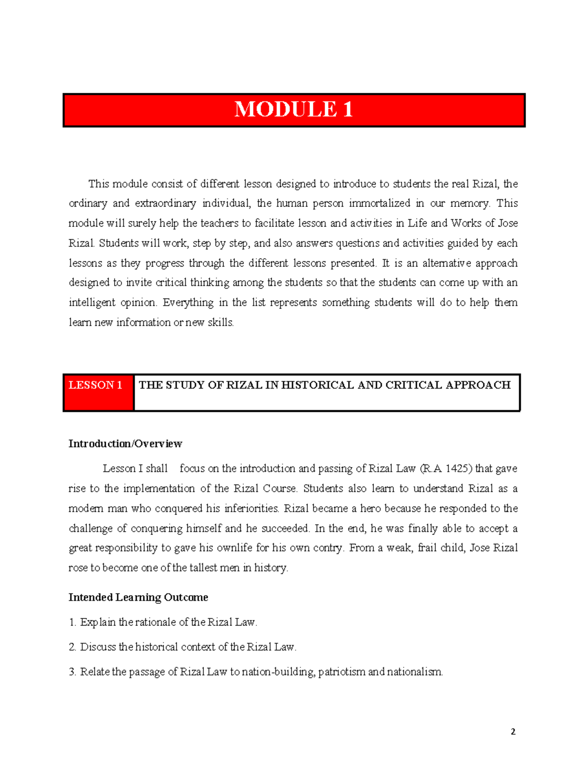 Rizal Module 1 - MODULE 1 This module consist of different lesson ...
