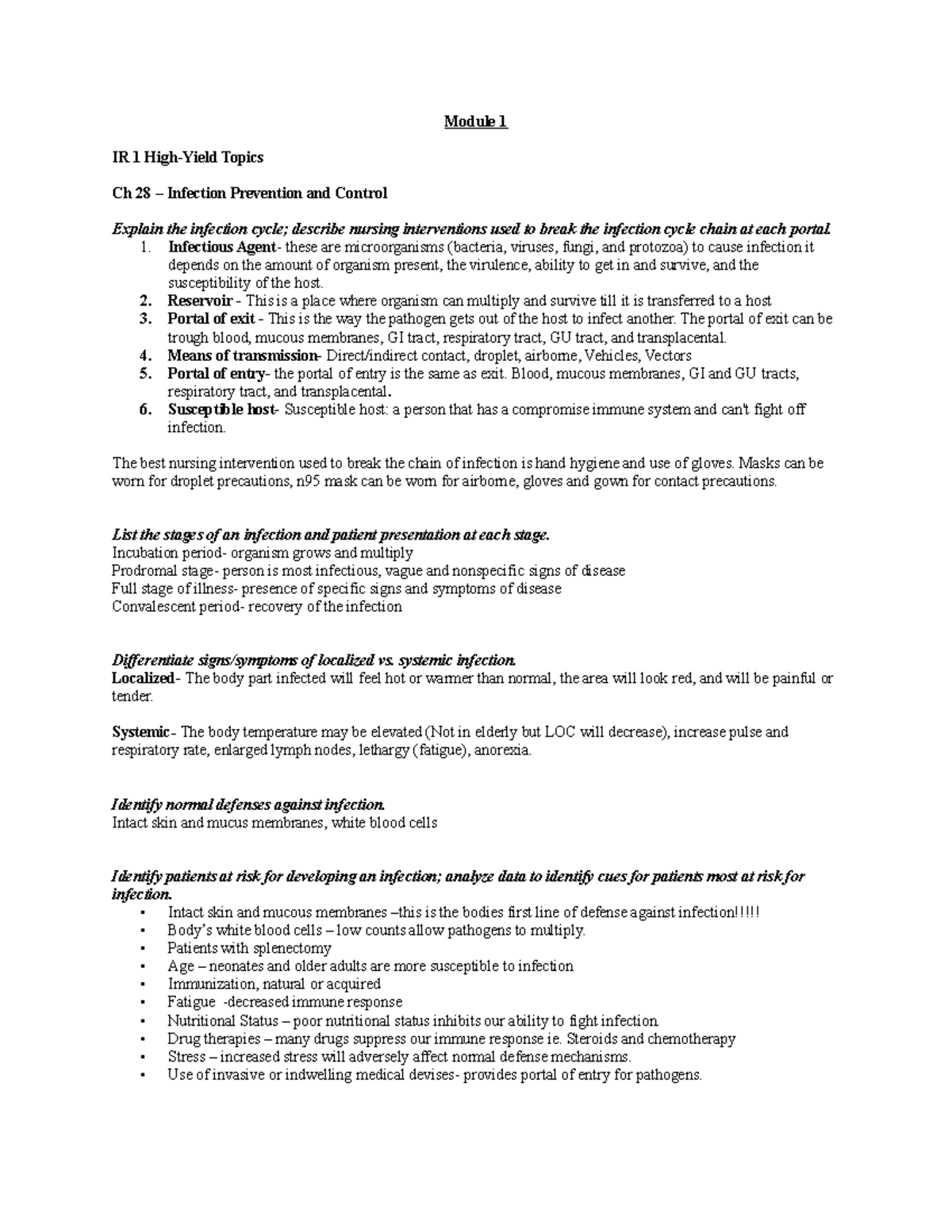 Module 1 High-Yield Topics - Module 1 IR 1 High-Yield Topics Ch 28 ...