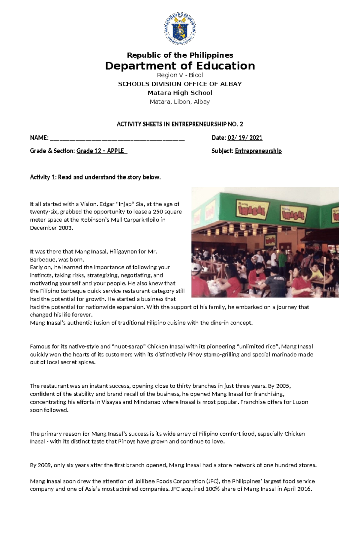 Activity sheets in entrep - Republic of the Philippines Department of ...