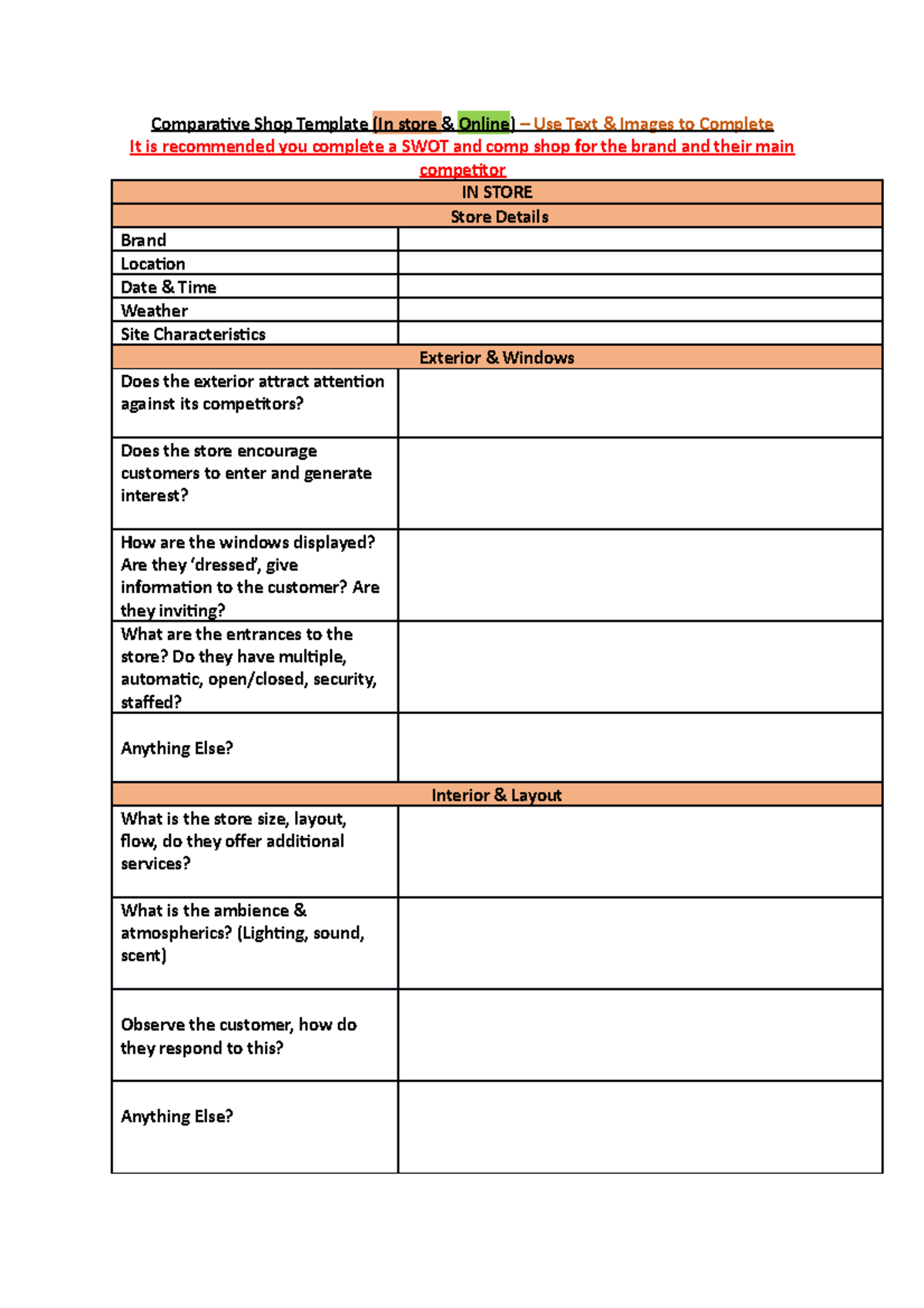 Comparative Shop Template - Describe them and their actions & behaviour ...
