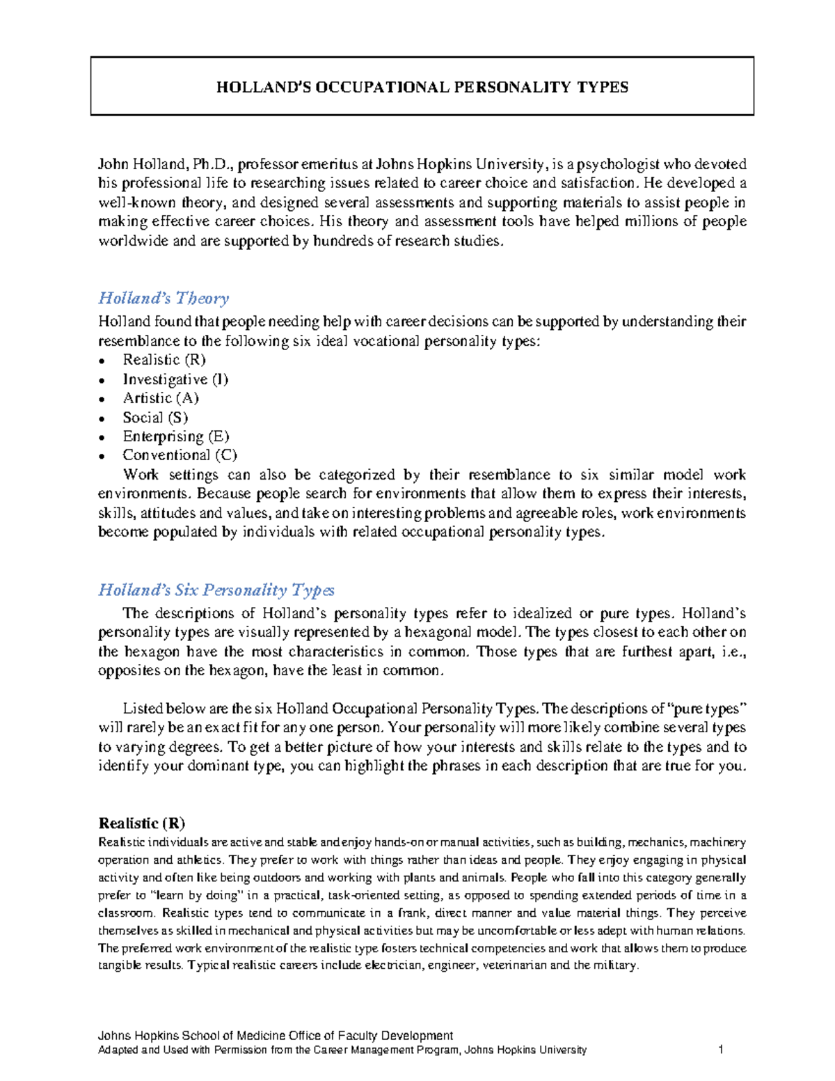 Holland occupational personality tptes test - Psychological Testing II ...