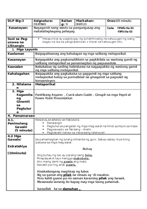 Dlp 9 - NONE - DLP Blg.: 9 Assignatura: FILIPINO Baitang: 9 Markahan: 3rd Oras: 1 Mga Kasanayan ...