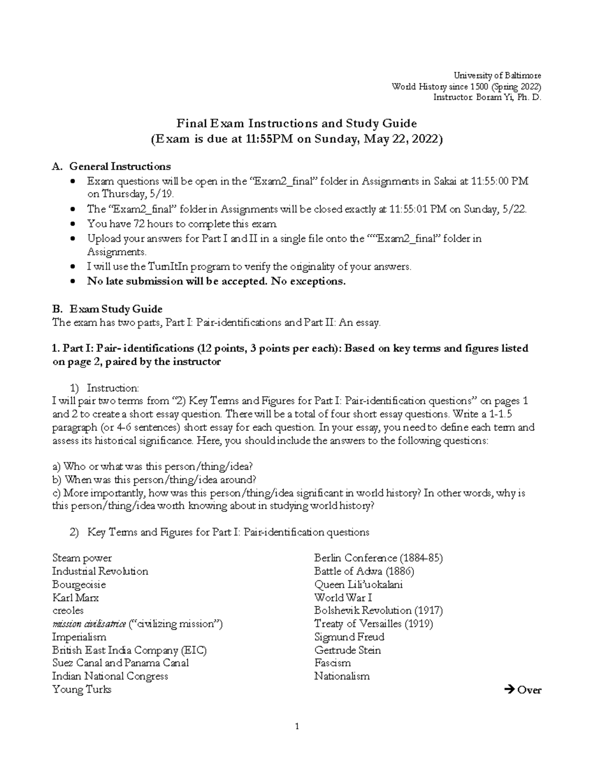 WH since 1500 S22 final study guide - 1 University of Baltimore World ...