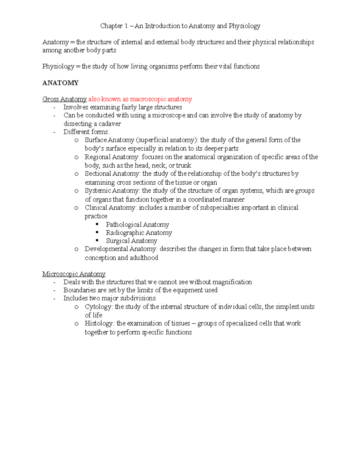 Chapter 1 Textbook Notes - Chapter 1 – An Introduction to Anatomy and ...