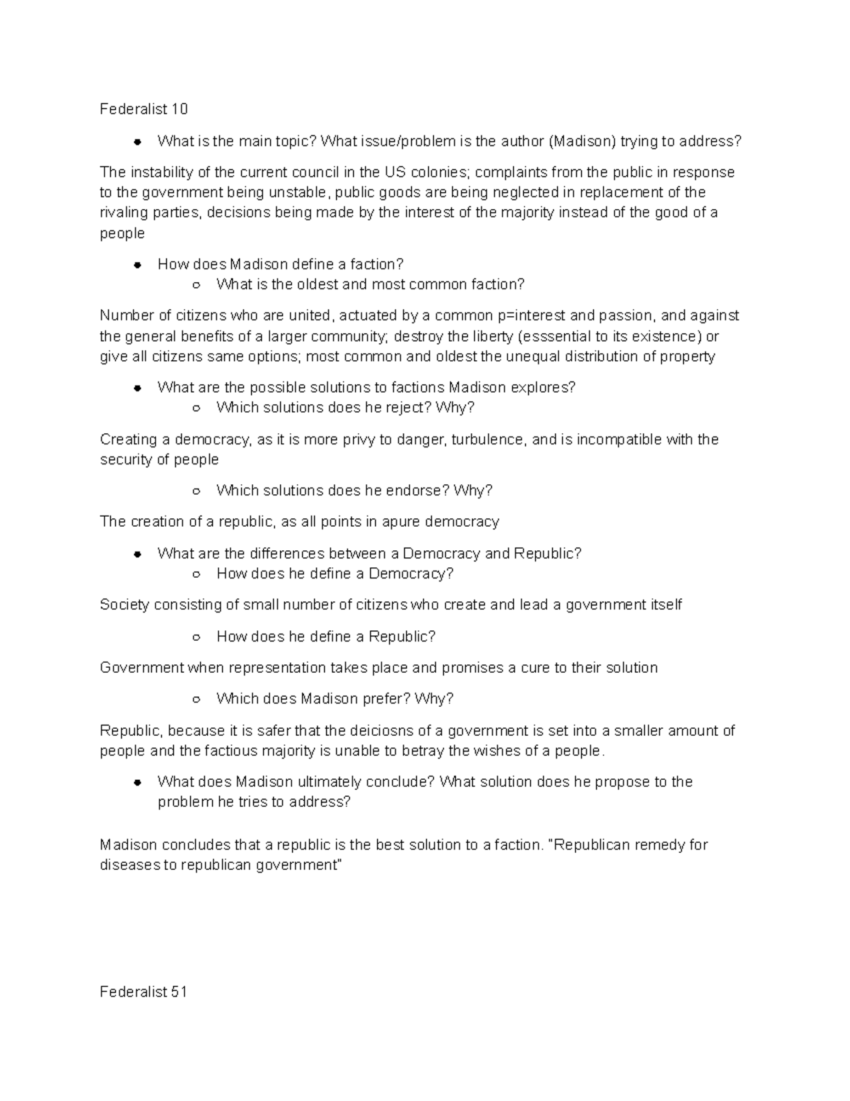 Federalist papers - Federalist 10 What is the main topic? What issue ...