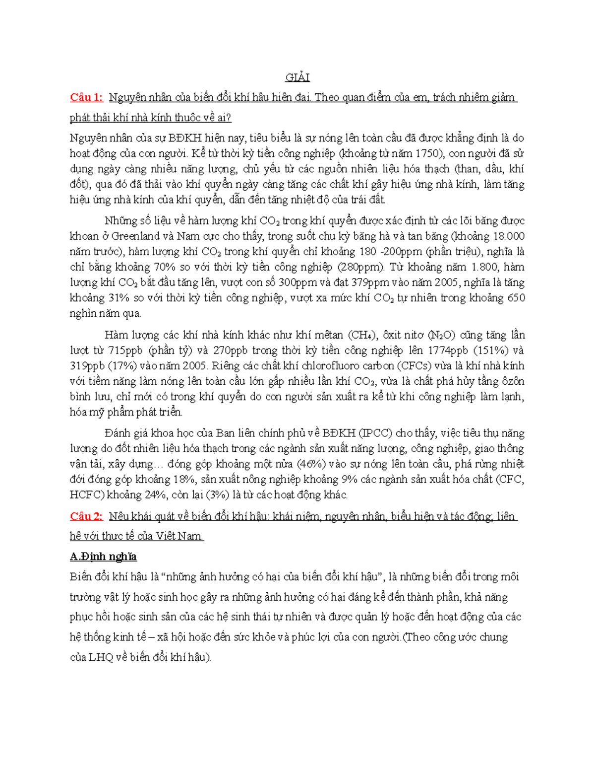 De cuong on tap bdkh 3126 - GIẢI Câu 1: Nguyên nhân của biến đổi khí ...