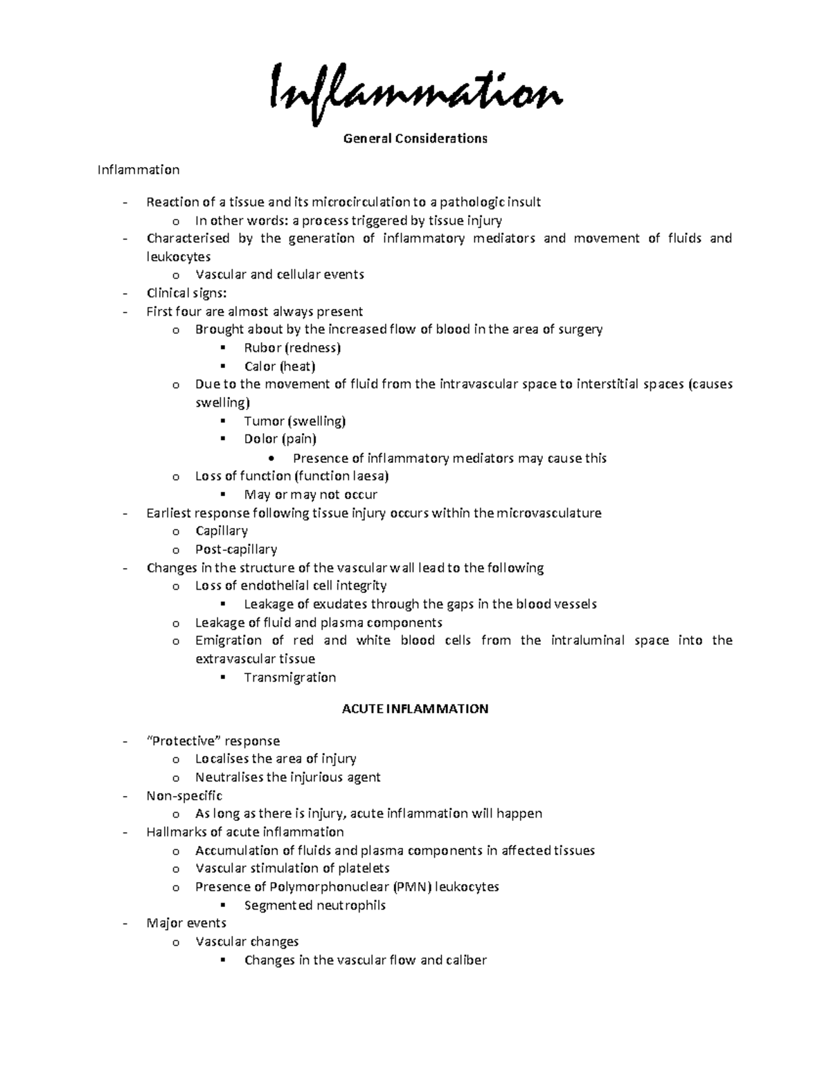 Inflammation - Injured area is cleaned up b. Injurious agent is ...