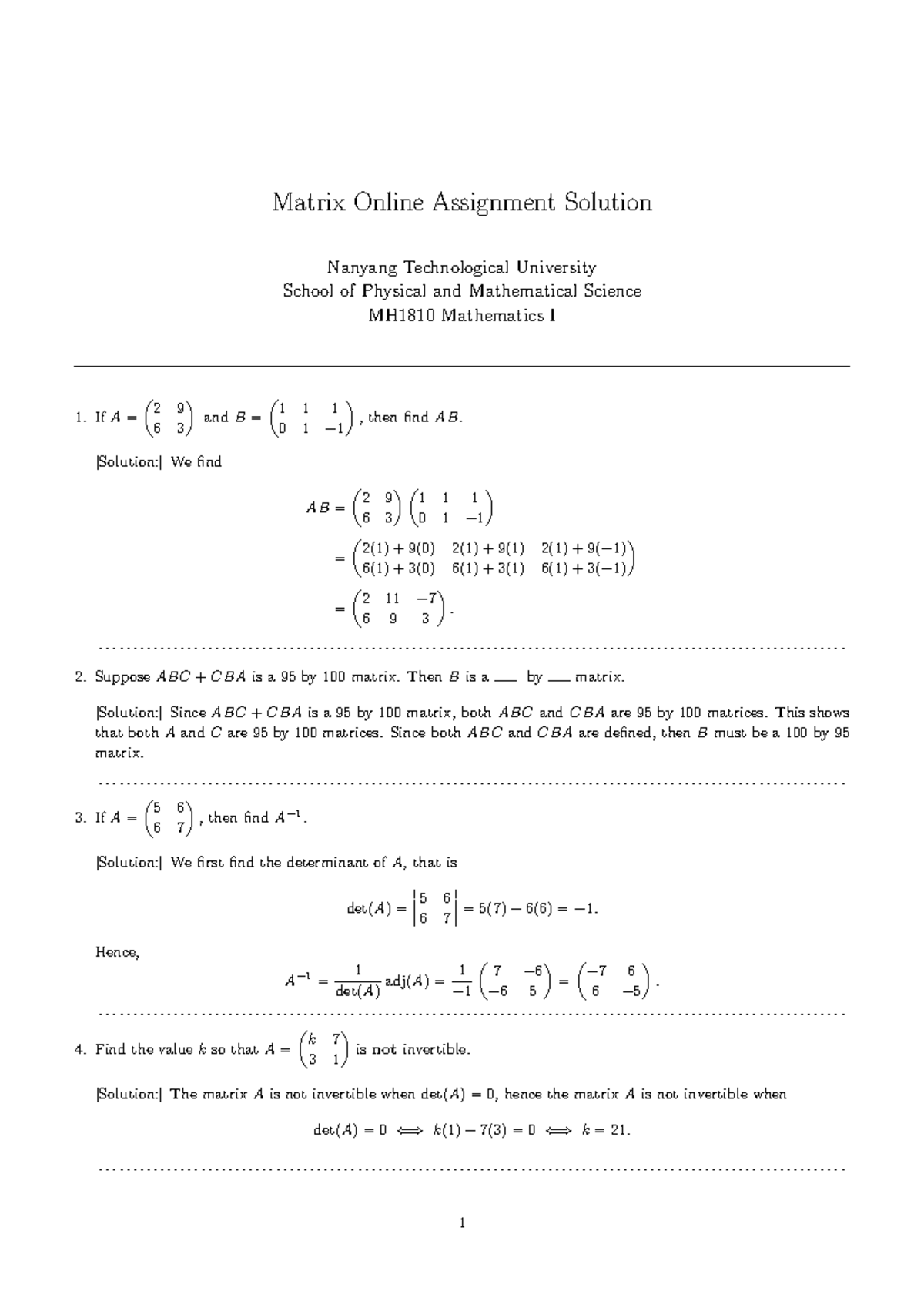 Matrices Assignment Online - Matrix Online Assignment Solution Nanyang ...