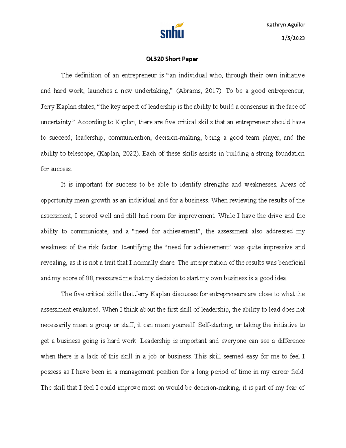 OL 320 Module One Short Paper - Kathryn Aguilar 3/5/ OL320 Short Paper ...