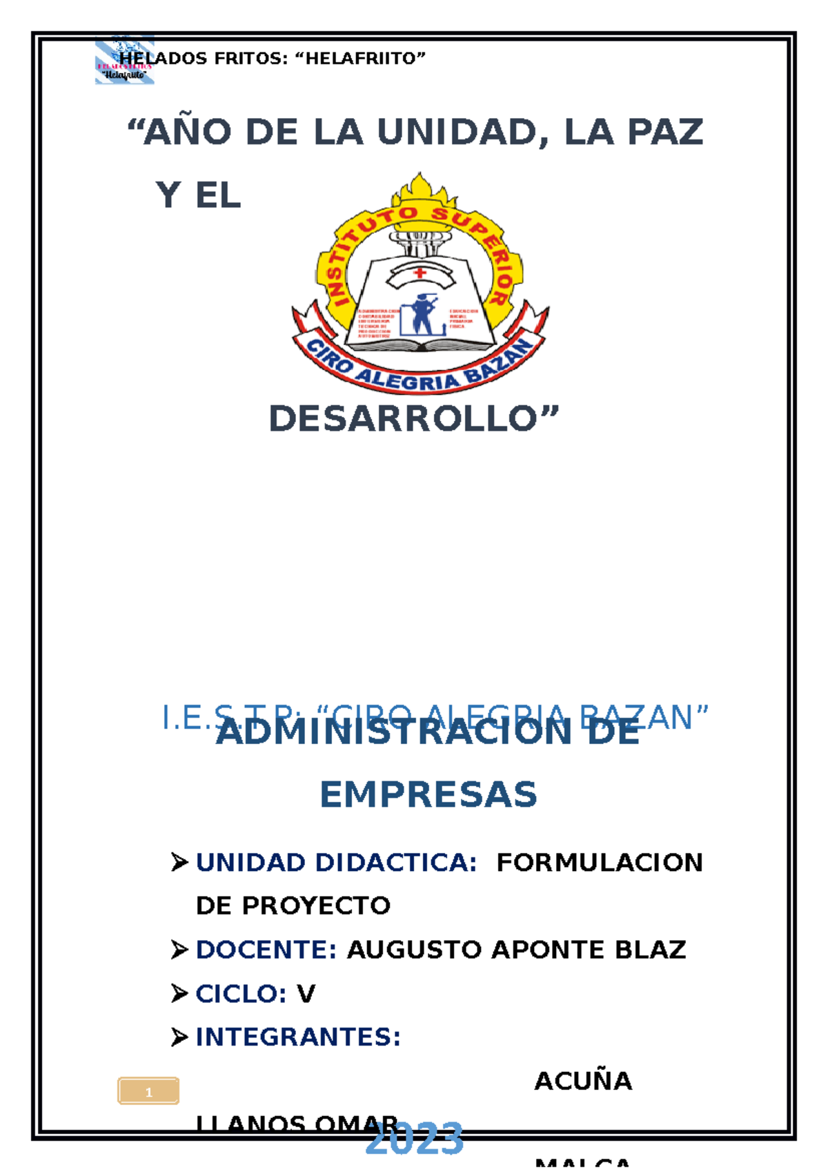 Helados Friito Proyecto Aponte - “AÑO DE LA UNIDAD, LA PAZ Y EL ...