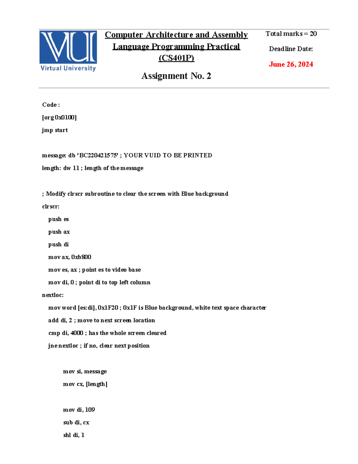 CS401P Assignment 2 - Software Engineering (CS504) - Edit - Computer Architecture and Assembly ...