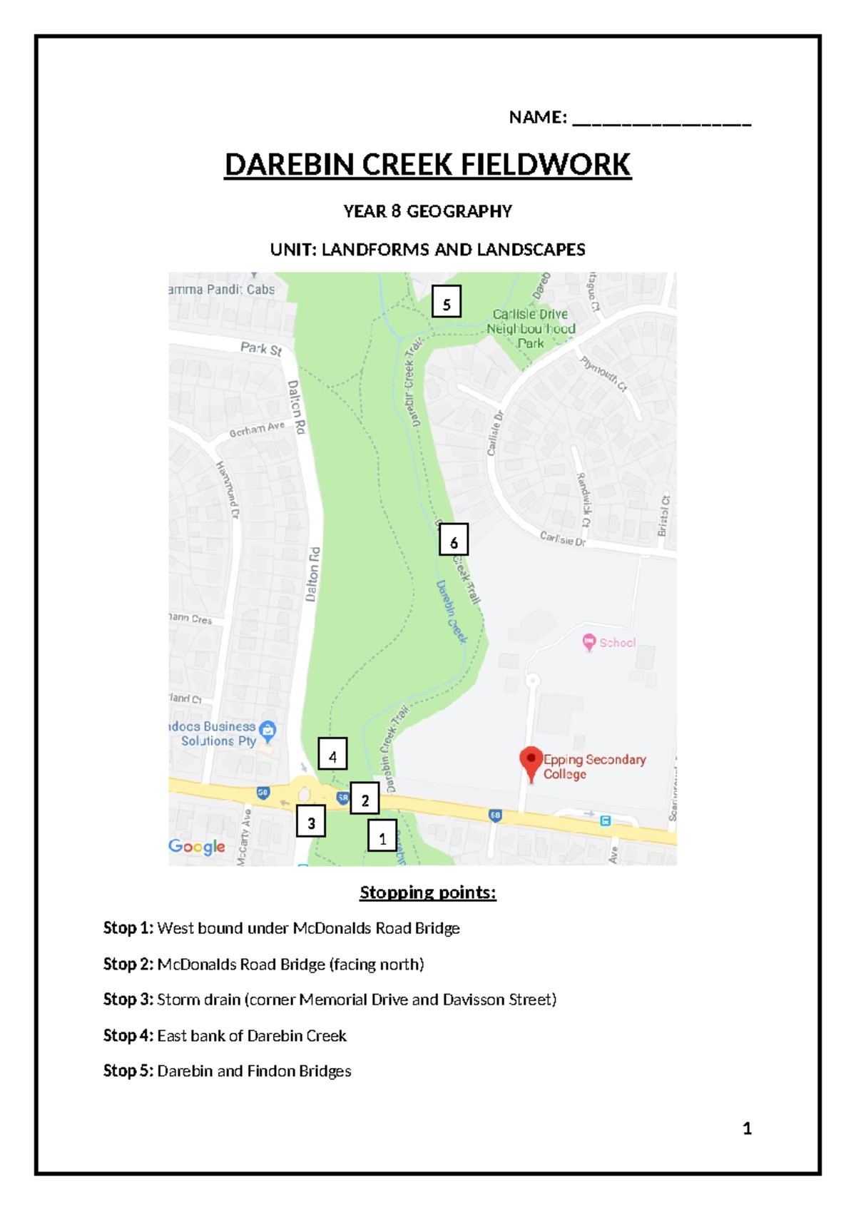 2018 Year 8 Fieldwork Booklet - NAME: __________________ DAREBIN CREEK ...