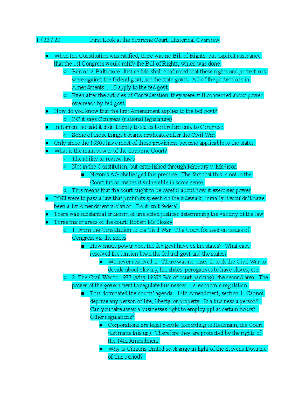 Civil Liberties and Civil Rights Notes - 1 / 23 / 20 First Look at the ...