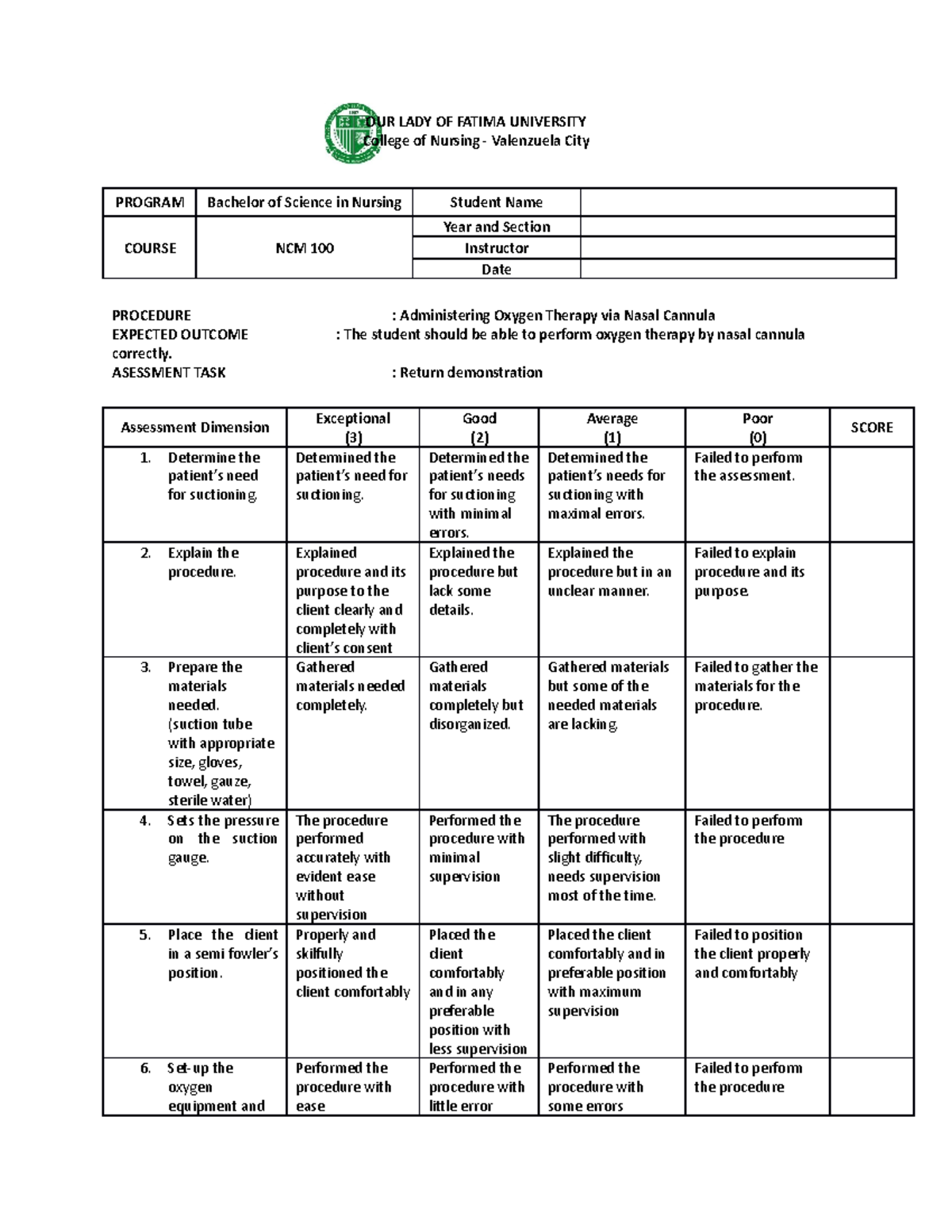 Administering Oxygen Therapy via Nasal Cannula - ASESSMENT TASK ...