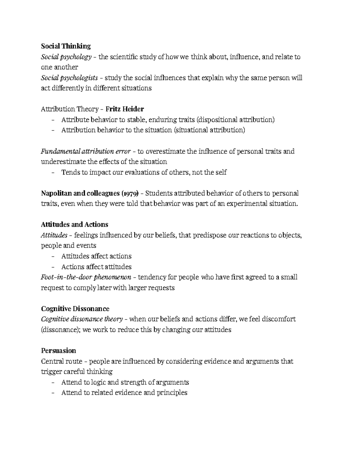 Social Psychology Notes - Social Thinking Social psychology - the ...