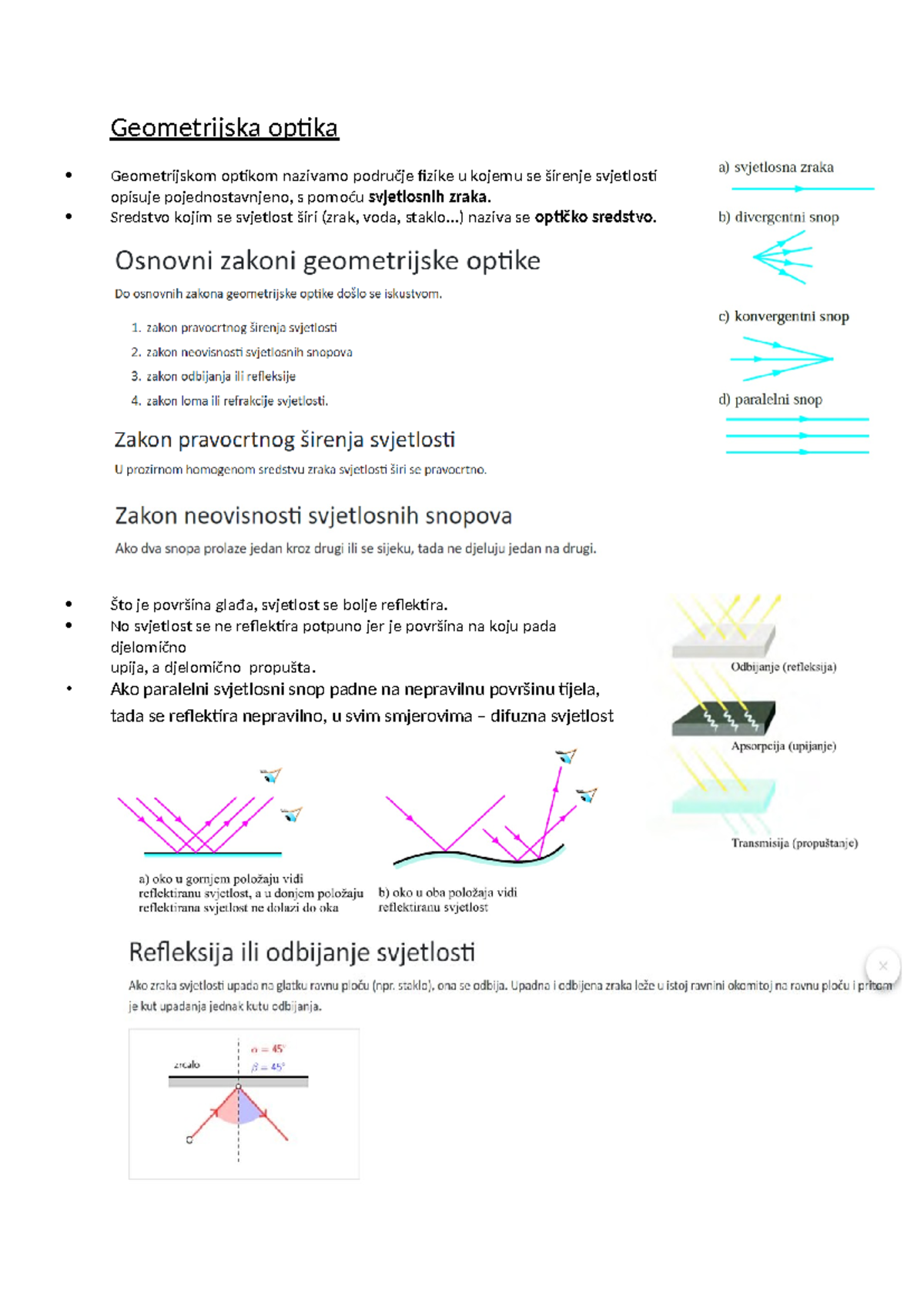 Geometrijska optika - Sredstvo kojim se svjetlost širi (zrak, voda ...