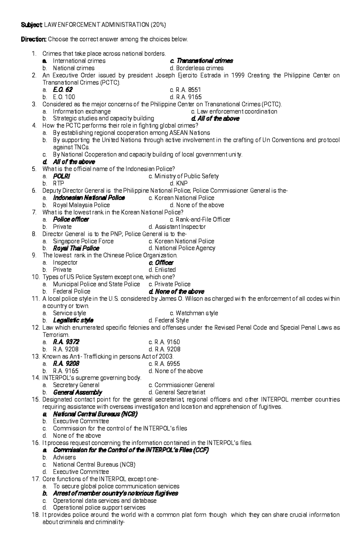 Q-A- Comparative - Practice - Subject: LAW ENFORCEMENT ADMINISTRATION ...