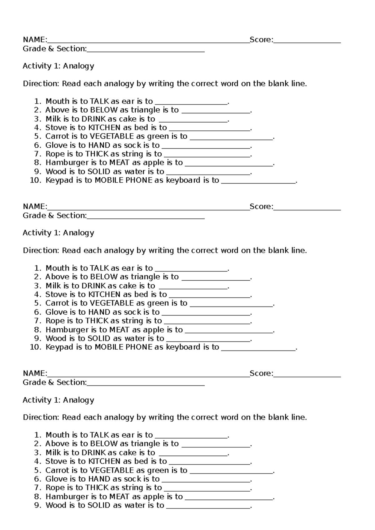 Lesson 1 Analogy Activity - NAME: Score: Grade & Section: Activity 1 ...