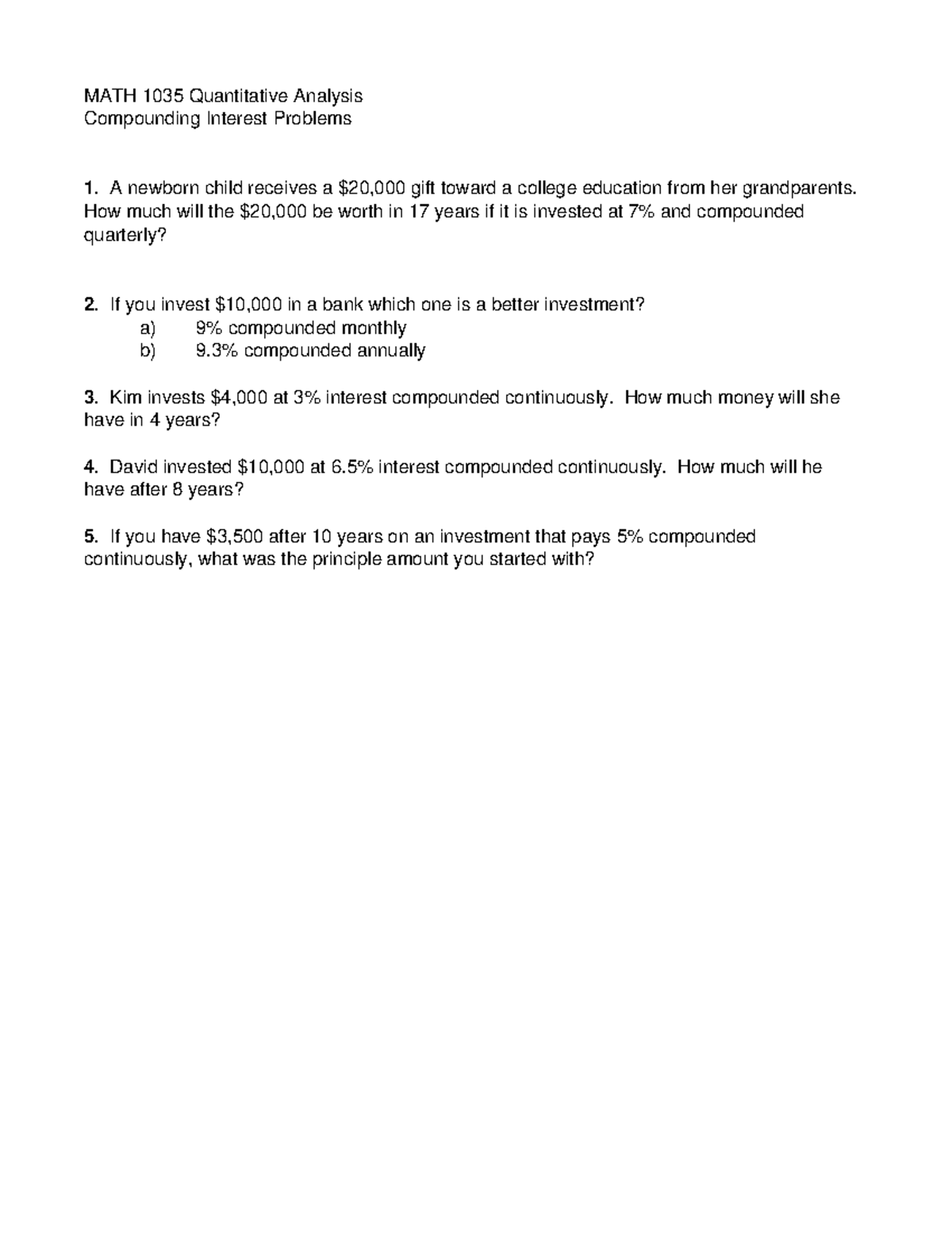 Compounding Interest Problems - MATH 1035 Quantitative Analysis ...