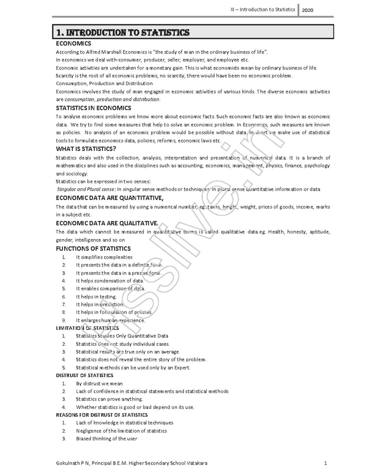 Hsslive xi economics statistics - 1. INTRODUCTION TO STATISTICS ...