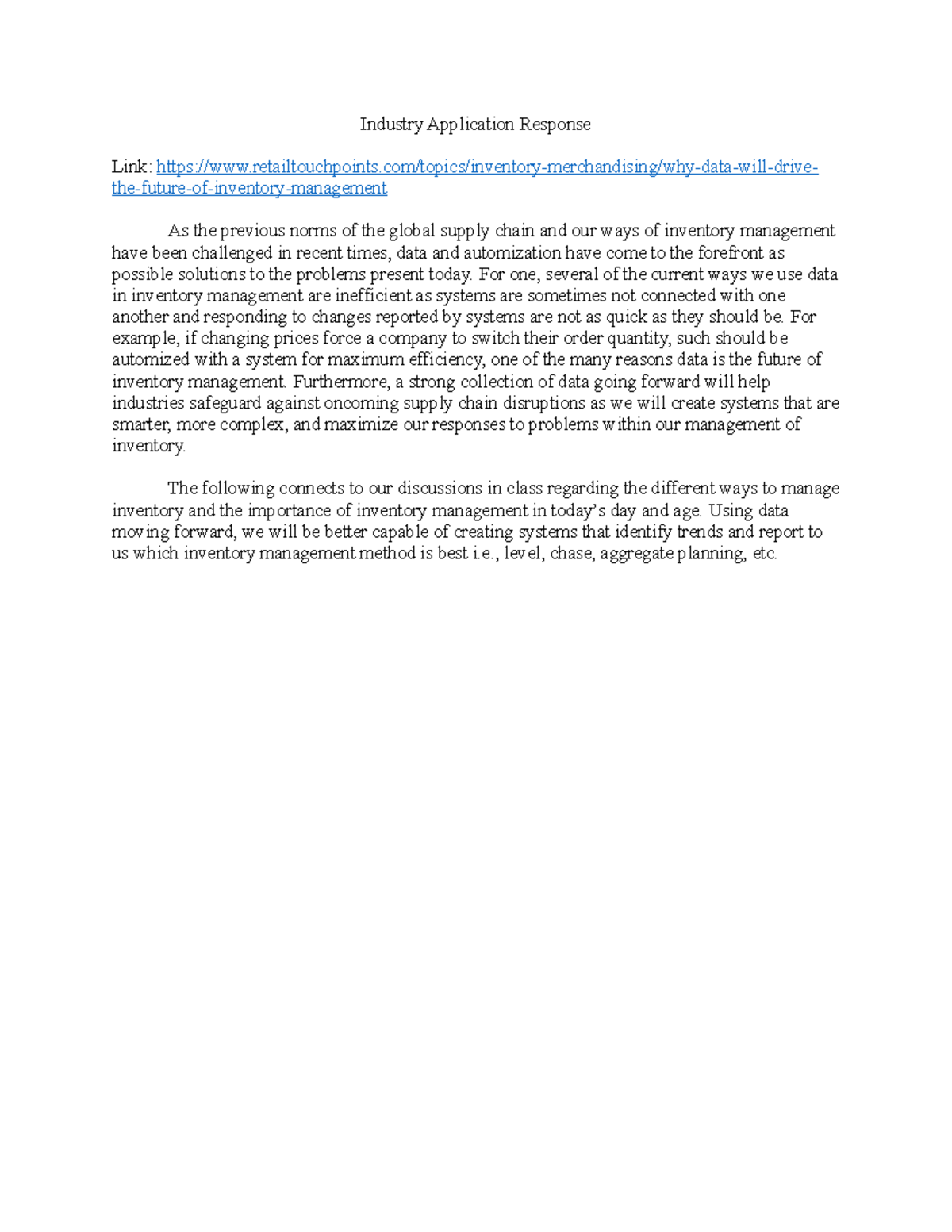 Industry Application Response - For one, several of the current ways we ...